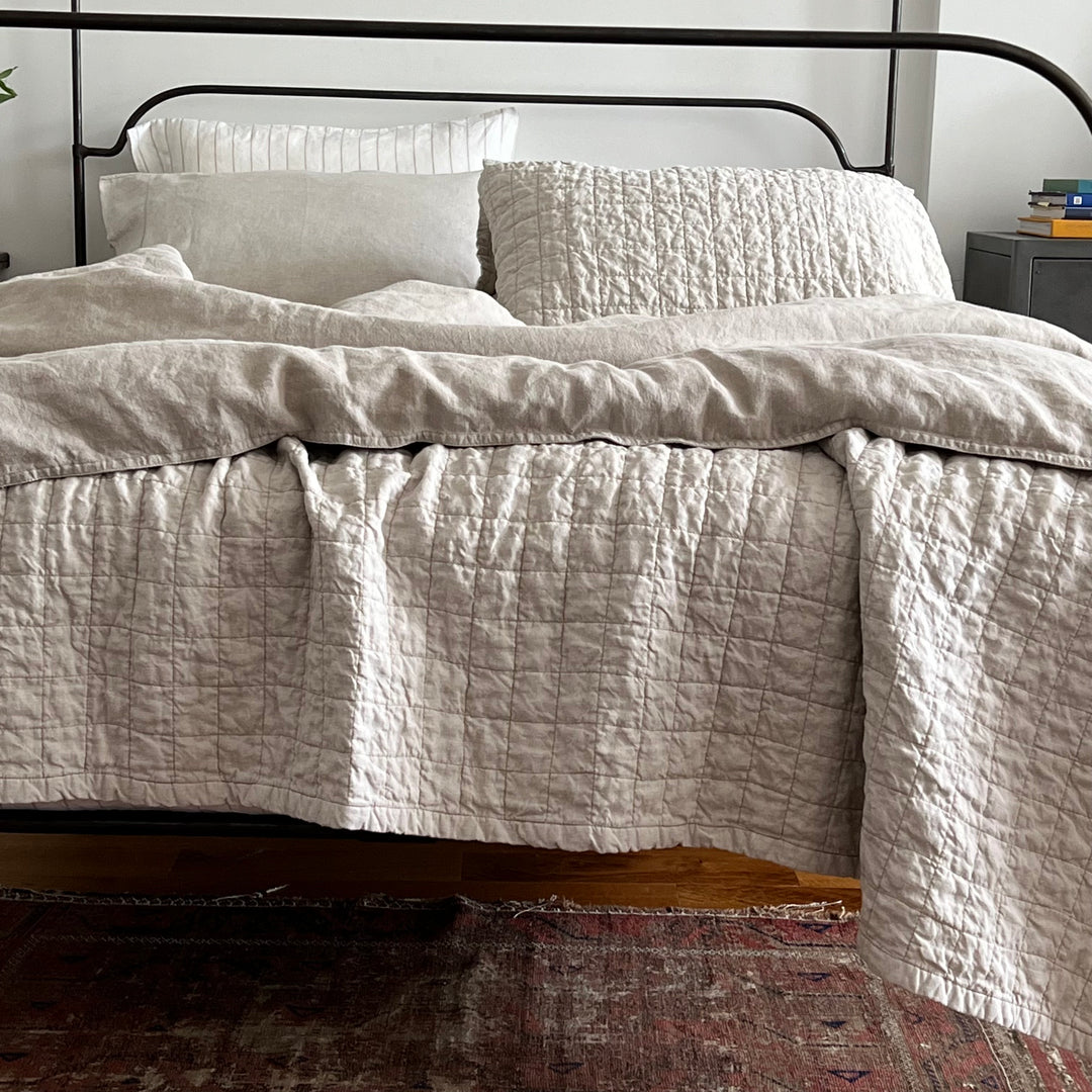 Grape Leaf Quilted Linen TwinXL Size Coverlet | Standard Cotton Fill Only