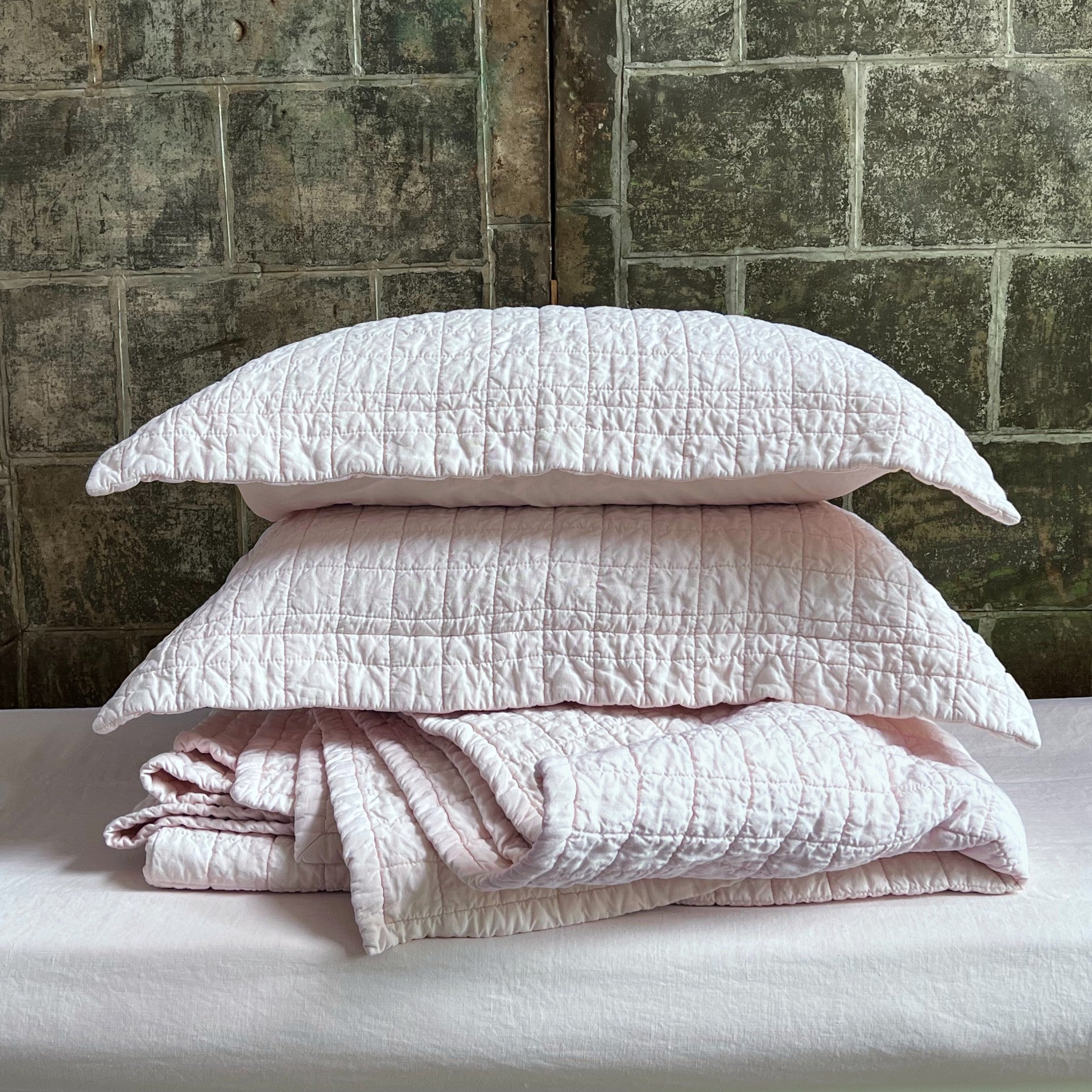 Powder Pink Quilted Linen TwinXL Size Coverlet | Standard Cotton Fill Only